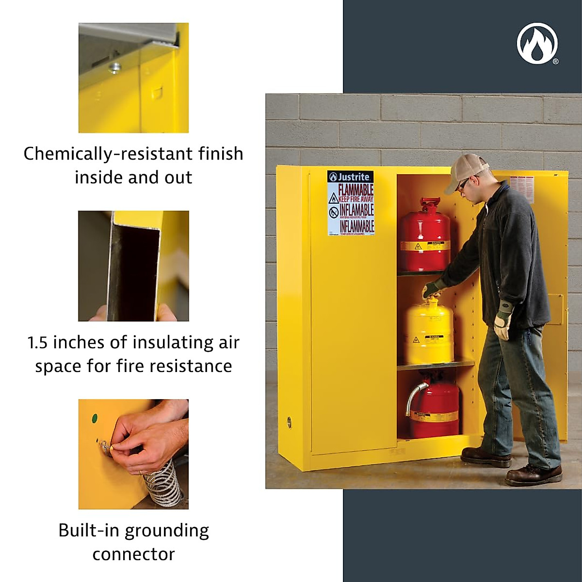 JUSTRITE 894500 Sure-Grip EX Standard Safety Cabinet, 43w x 18d x 65h, Yellow
