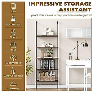 Tangkula 5-Tier Bookshelf, Modern Wall Mounted Ladder Shelf, 5 Tiers Wood Wall Open Bookcase with Metal Frame, Home Office Display Rack Storage Shelves for Collection, Plant Flower Stand (2, Brown)