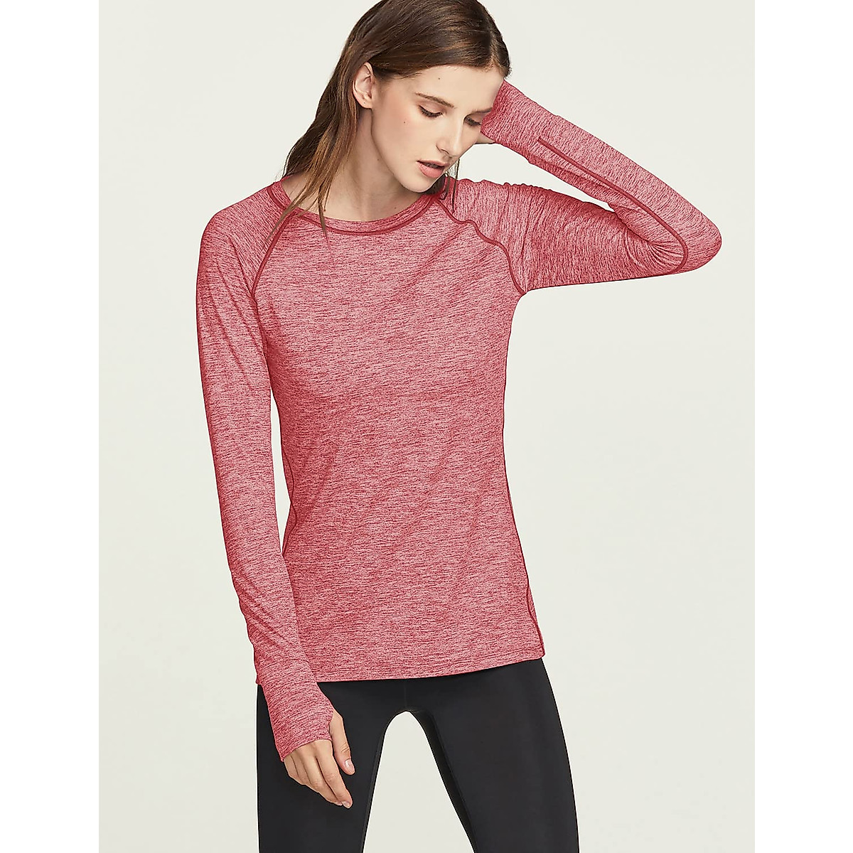 TSLA Women's Long Sleeve Shirts, Lightweight Crewneck Yoga Workout Tops, Athletic Sports Performance Running T-Shirts, Stretch Crew Spacedye Dusty Rose, X-Large