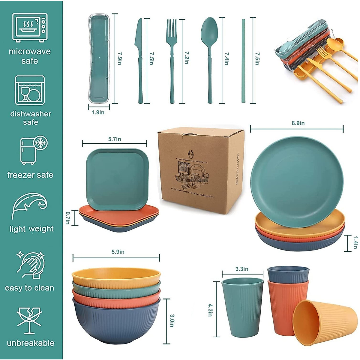 Wheat Straw Dinnerware Sets (48Pcs) Reusable Dishware Sets with Plates, Cups, Knives, Forks and Spoons,Lightweight Camping Dishes,Dishwasher Microwave Safe,for Camping Kitchen Picnic College Dorm
