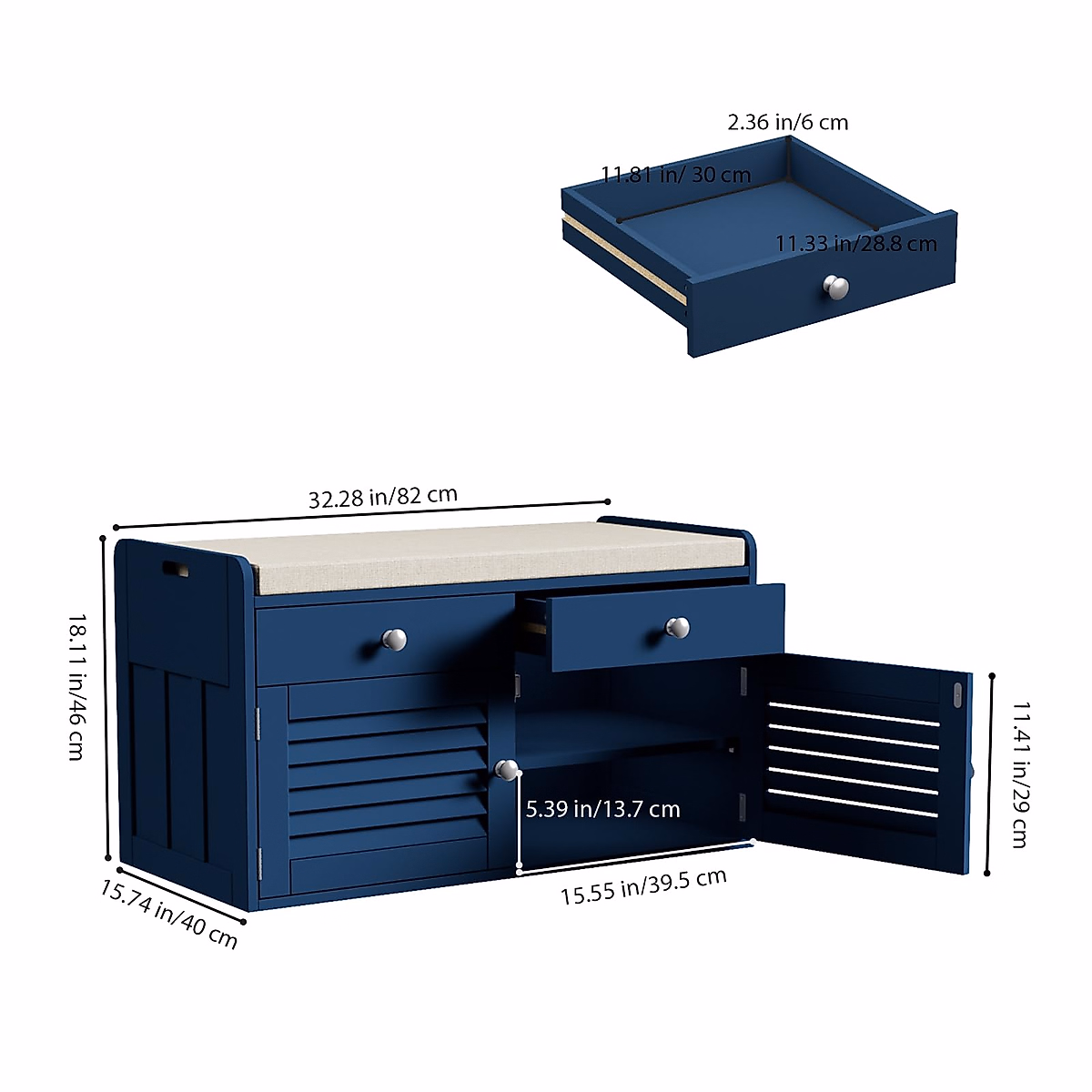 WARMHONIU Shoe Storage Bench with 2 Drawers & 2 Doors, Entryway Bench with Cushion, 2 Adjustable Shelves, Shoe Cabinet with Storage Space for Entryway, Living Room, Hallway, Mudroom, Bedroom, Blue