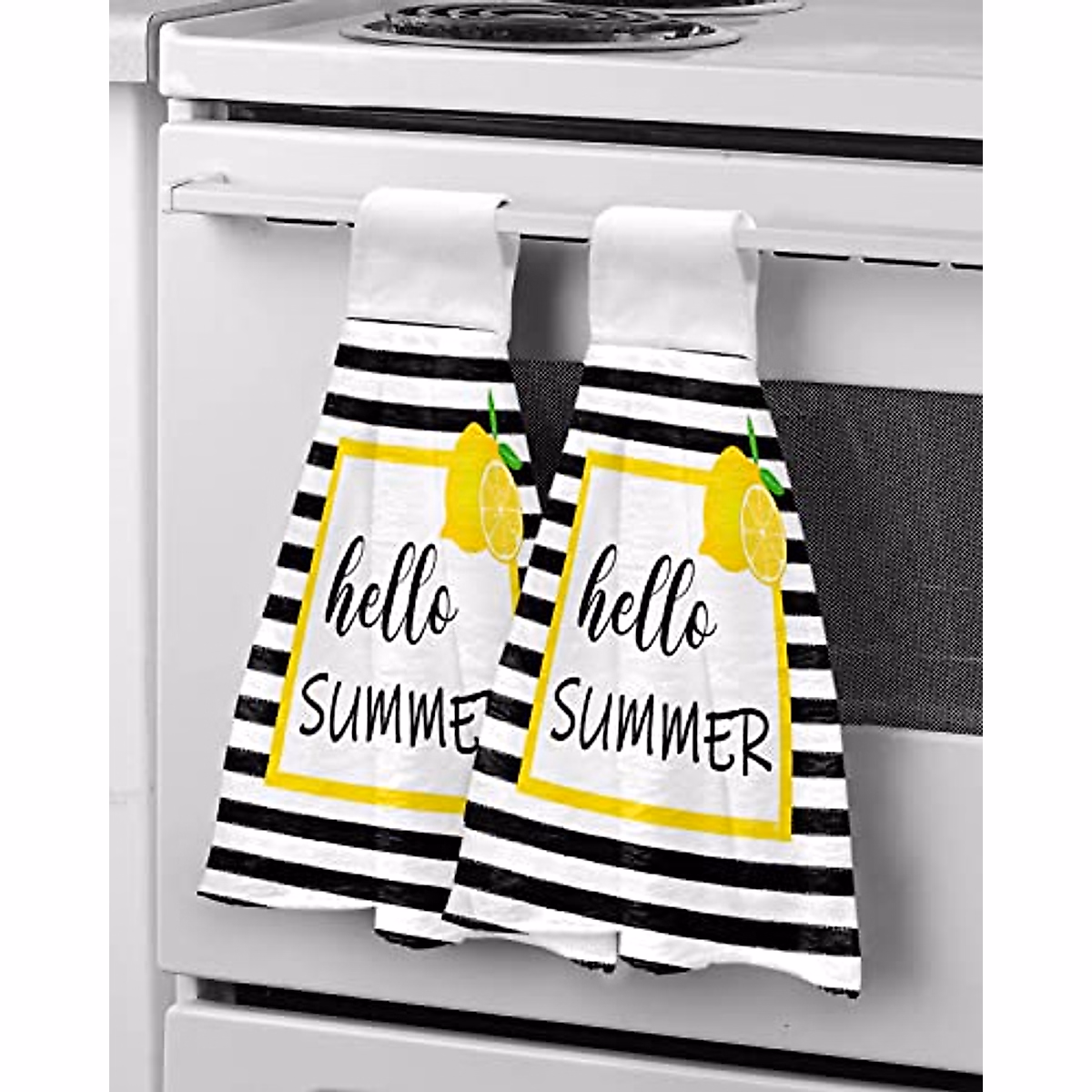 Ldtrchee Hello Summer Lemon Yellow Lace Hand Towel with Hanging Loop, Black White Stripes Fruit Hanging Tie Towels Set 1 Pcs, Kitchen Absorbent Towel for Bathroom Tea Bar Laundry