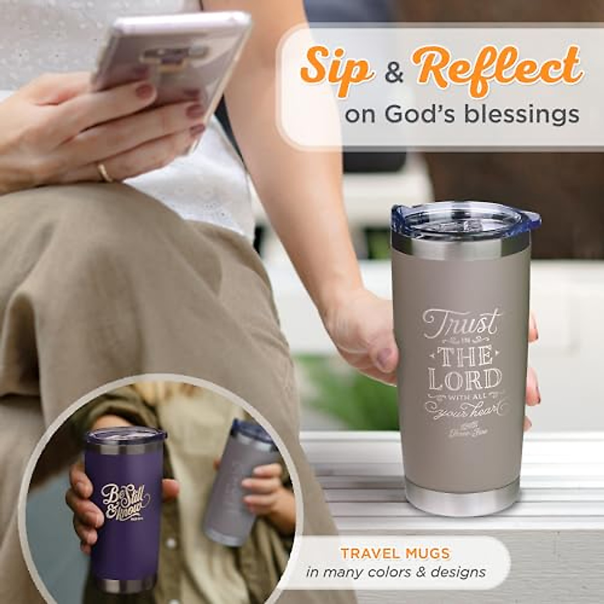 Christian Art Gifts Stainless Steel Double-Wall Vacuum Insulated Travel Mug 18 oz Gray Tumbler with Retractable Lid for Women and Men Bible Verse - Trust in the Lord - Proverbs 3:5