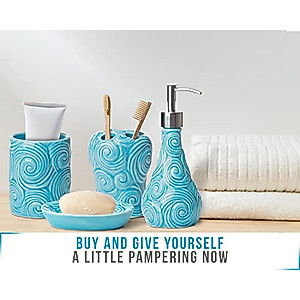 Designer - 4 Piece Bathroom Accessories Set - with Soap or Lotion Dispenser, Toothbrush Holder, Tumbler and Soap Dish - Glossy Finish - Porcelain (Ocean Waves, Aqua Blue) Holds 15.6oz