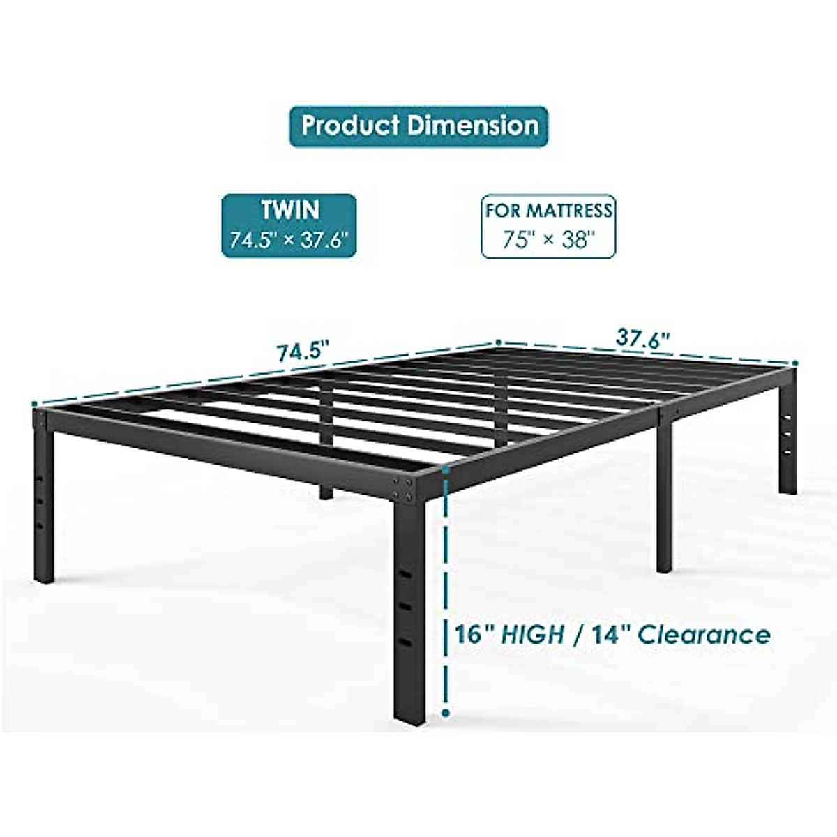 FSCHOS Bed-Frame-Twin, 16 Inch Metal Platform Twin-Size-Bed-Frame No Box Spring Needed, Heavy Duty Twin Size Bed Frame Easy Assembly, Noise Free, Black