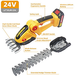 2 in 1 Hedge Trimmer, Cordless Grass Shear & Shrub Trimmer Electric 24V Handheld Weed Grass Cutter with 2×1.5Ah Rechargeable Battery for Garden, Lawn, Gardening Tools