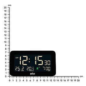 Braun Digital Alarm Clock with Date, Month and Temperature Displayed, Negative LCD Display, Quick Set, Crescendo Beep Alarm in Black, Model BC10B.