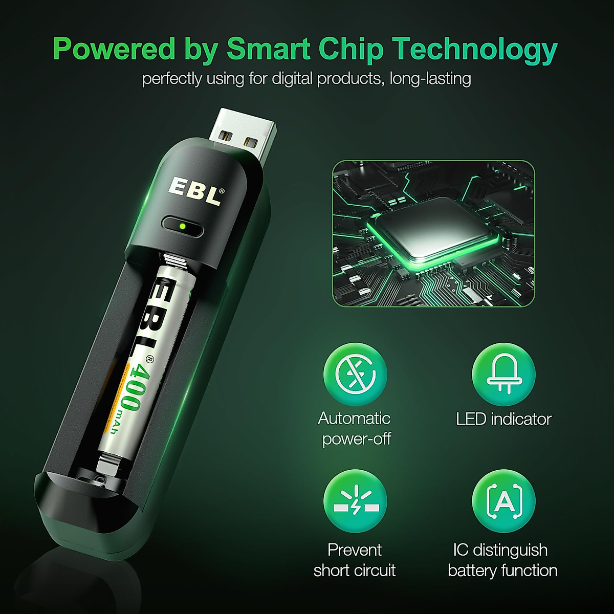 EBL Rechargeable AAAA Batteries 2 Counts 400mAh with Smart AAAA Battery Charger - High Capacity Ni-MH 1.2V 1200 Cycles for Surface Stylus Pen