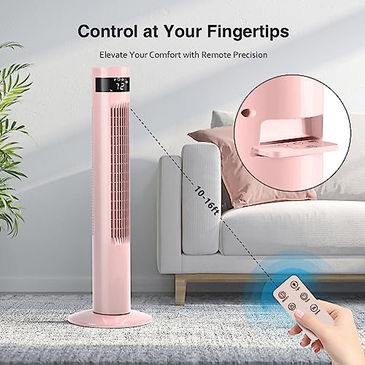 R.W.FLAME Tower Fan with Remote Control, Standing Fan for Office, Oscillating Fan for Home with Children/Pets/Elders,Time Settings,LCD Display,45W,Oscillation, 36" Pink