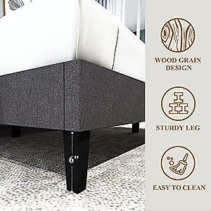 Benevika Queen Size Upholstered Platform Bed Frame with Linen Fabric Button Tufted Headboard, Wood Slat Support, Upholstered Mattress Foundation, No Box Spring Needed, Easy Assembly, Grey