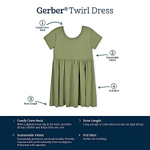 Gerber Baby Girls Toddler Buttery Soft Short Sleeve Twirl Dress with Viscose Made from Eucalyptus, Olive, 3T