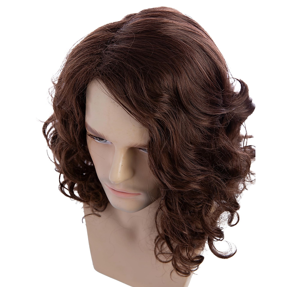 Beweig Mens Brown Wig Long Wavy Brown Male Wig Shoulder Length Side Part Unisex Wig Heat Resistant Synthetic Hair Cosplay Party Costume Wig