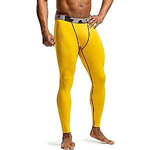TSLA Men's Compression Pants, Cool Dry Athletic Workout Running Tights Leggings with Pocket/Non-Pocket, 3pack Cool Dry Pants Camo Black/Yellow/Brick, XX-Large