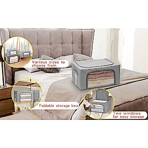 Stackable Clothes Storage Box for Clothing Gadgets,Steel Frame Storage Bins for Toys Gift,Foldable Oxford Fabric Closet Organizer Bag Set with Carry Handles Clear Window (Small- 22L x3 Pack, Grey)