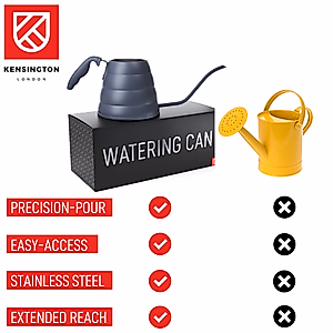 Small Watering Can for Indoor Plants - Comfort Grip, Long Reach Gooseneck Spout for Precision Pouring House Plants by Kensington London - Home and Garden, Powder-Coated Stainless Steel Metal - 38oz