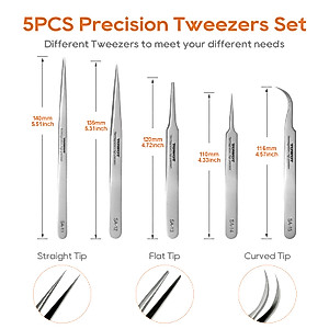 Precision Tweezers, Stainless Steel Pointed Tweezers for Craft, Electronics, Soldering, Medical and Experimental Work, Jewelry-Making, Industrial Tweezers, by TOWOT