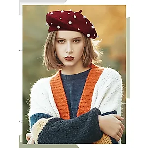 Vabean Wool Berets Pearl Beaded Beret Cap Beanie French Beret Hats for Women Sweet Elegant Starry Pearl Hat(Chic Color,6 Pcs)