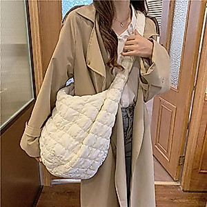 MadGrandeur Women's Puffer Bag Solid Color Padded Tote Bag Quilted Puffy Crossbody Bag Large Aesthetic Pleated Underarm Shoulder Bag (White)