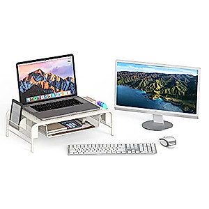 SimpleHouseware Metal Desk Monitor Stand Riser with Organizer Drawer, White