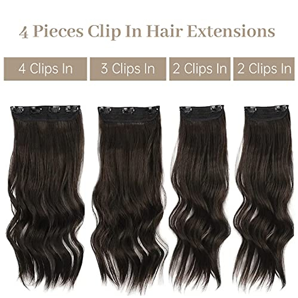 Sué Exquisite Dark Brown Hair Extensions Clip in Long Synthetic Hair Extensions 20 inches Thick Hairpieces for Women