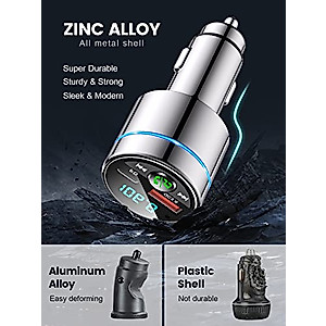 FM Transmitter for Car Bluetooth 5.3, RIWUSI [All-Metal] PD 20W & QC3.0 18W Fast Car Charger, Wireless FM Radio Car Kit Bluetooth Car Adapter, Noise Cancelling Hands-Free Call, Hi-Fi Music, Blue Light