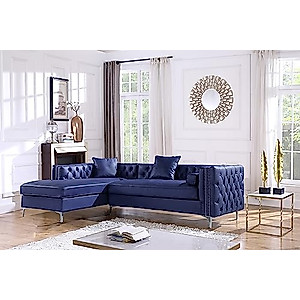 Iconic Home Da Vinci Right Hand Facing Sectional Sofa L Shape Chaise PU Leather Button Tufted with Silver Nailhead Trim Silvertone Metal Leg with 3 Accent Pillows, Modern Contemporary, Navy
