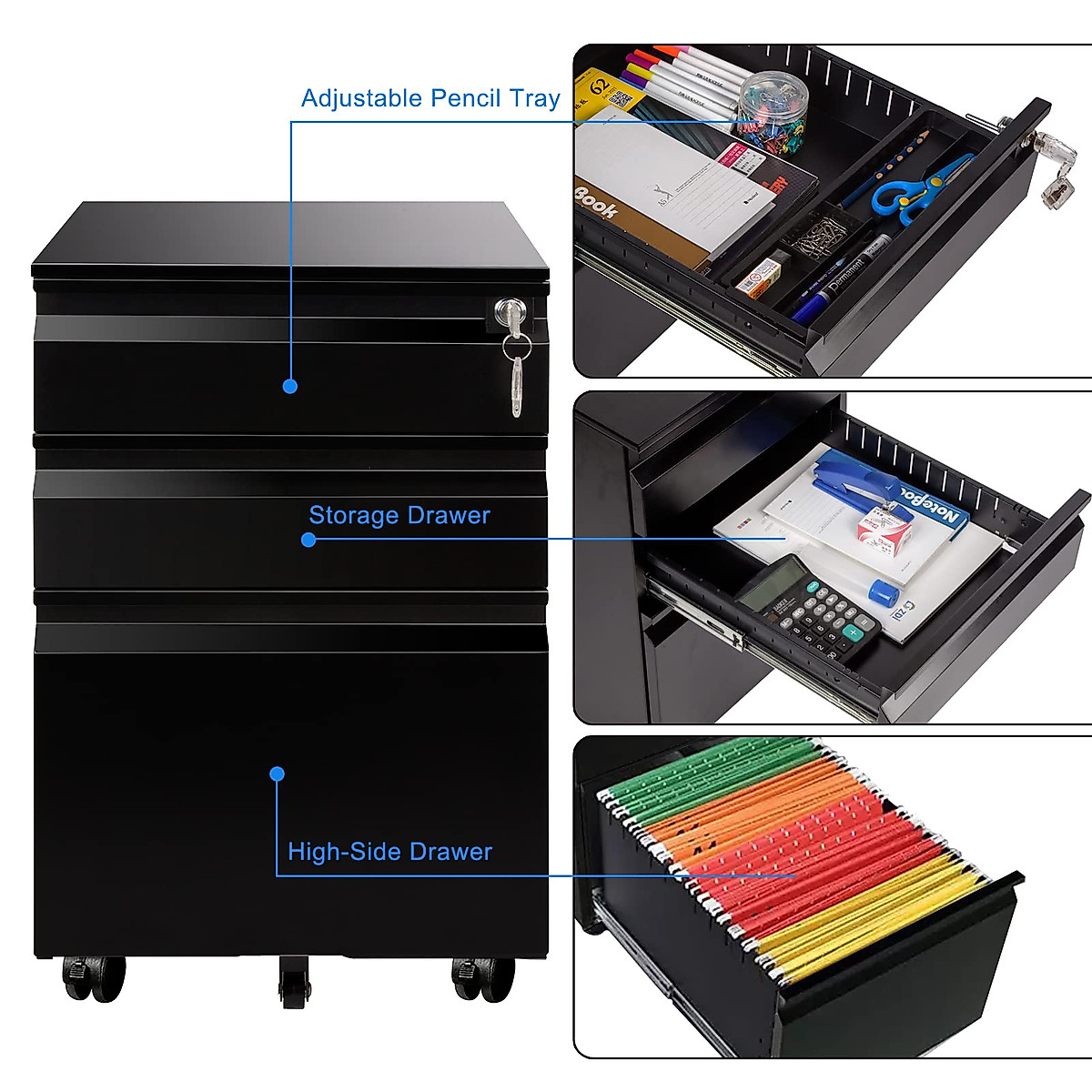 3 Drawers Filing Cabinet Office Drawers with Keys 19.69 D x 15.35" W x 23.62" H, Fully Assembled,Heavy Duty Filing Cabinet Vertical File Under Desk for Legal/Letter/A4 File, (Black)
