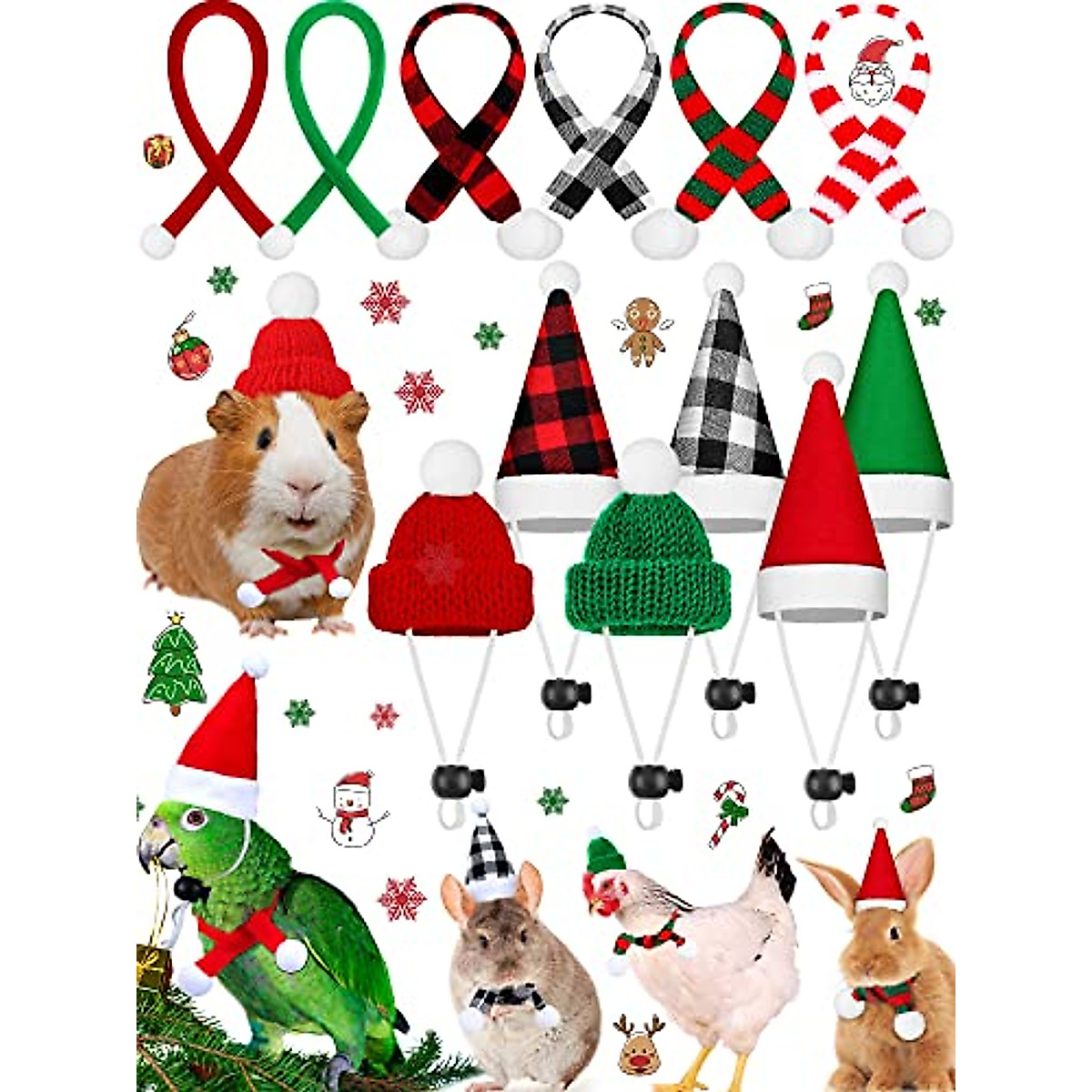 12 Pieces Christmas Guinea Pig Costume Chicken Hat Scarf Set Xmas Hat and Scarf Rabbit Christmas Clothes Festival Small Animal Outfits for Hen Duck Hamster Guinea Pig Kitten Puppy Parrot