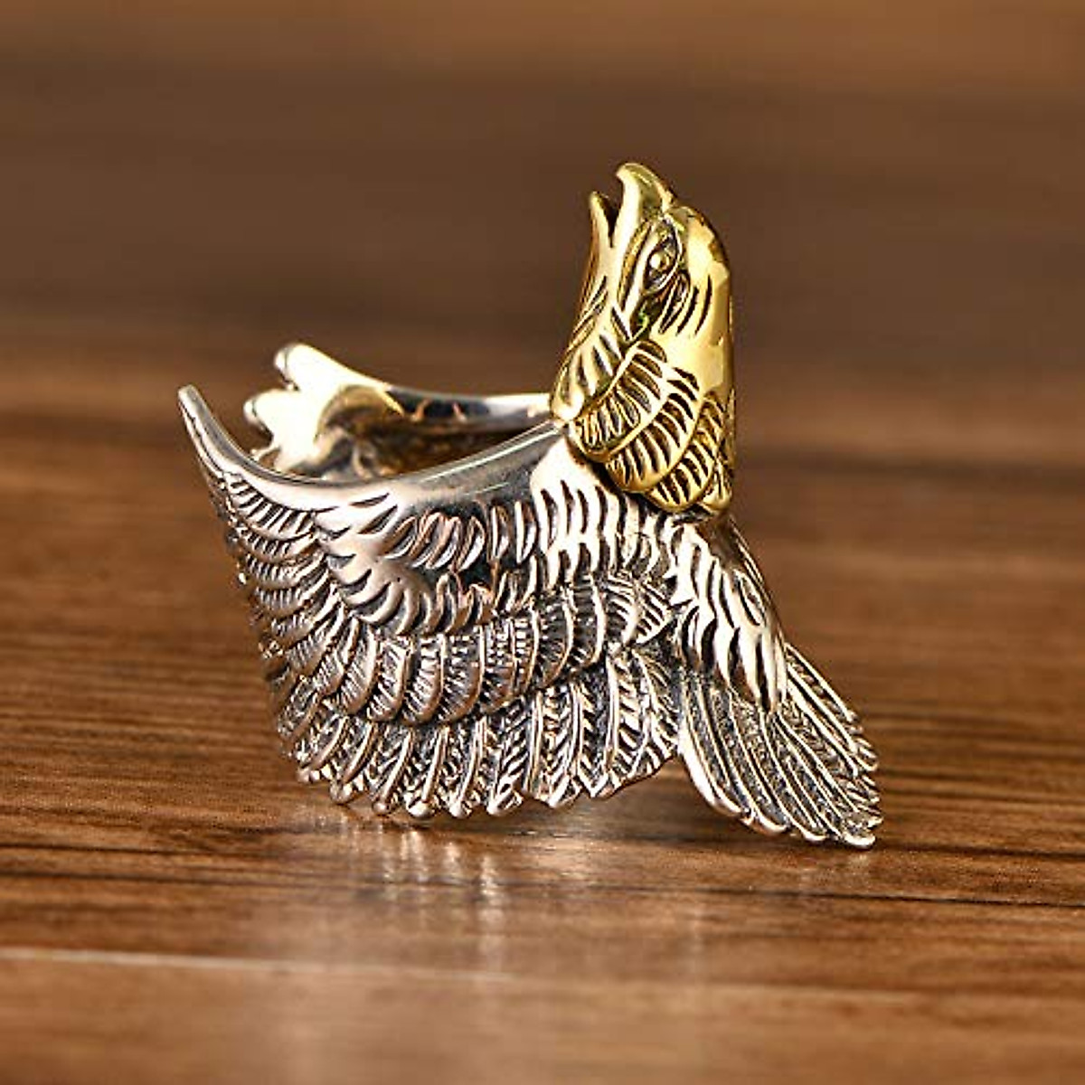 Two Tone Flying Eagle Ring with Golden Head Vintage 925 Sterling Silver Hawk Ring for Men Women Open Adjustable