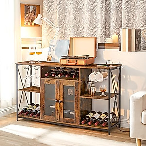 HOOBRO Wine Bar Cabinet with Led Lights and Power Outlets, Coffee Bar Cabinet for Glasses, Sideboard Buffet Cabinet, Liquor Cabinet for Dining, Living Room, Bar, Rustic Brown and Black BF13UDJG01