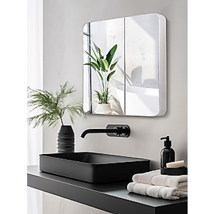 Avidanza Medicine Cabinets with Mirror for Bathroom, 24 Inch Surface Wall Mounted Bathroom Mirror with Storage, Stainless Steel Framed Beveled Mirror, with Double Door and 3 Tier, Grey