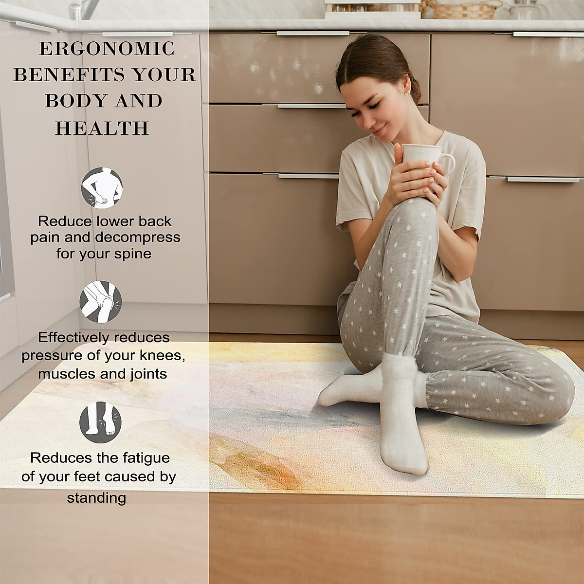 RYANZA 2 Pieces Kitchen Rugs, Abstract Anti Fatigue Non Slip Foam Cushioned Art Bright Yellow Modern Pale Comfort Indoor Floor Mat Runner Rug Set for Laundry Office Sink Bathroom (17"X48"+17"X24")