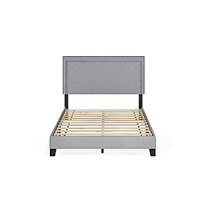 Furinno Laval Double Row Nail Head Upholstered Platform Bed Frame, Full, Glacier