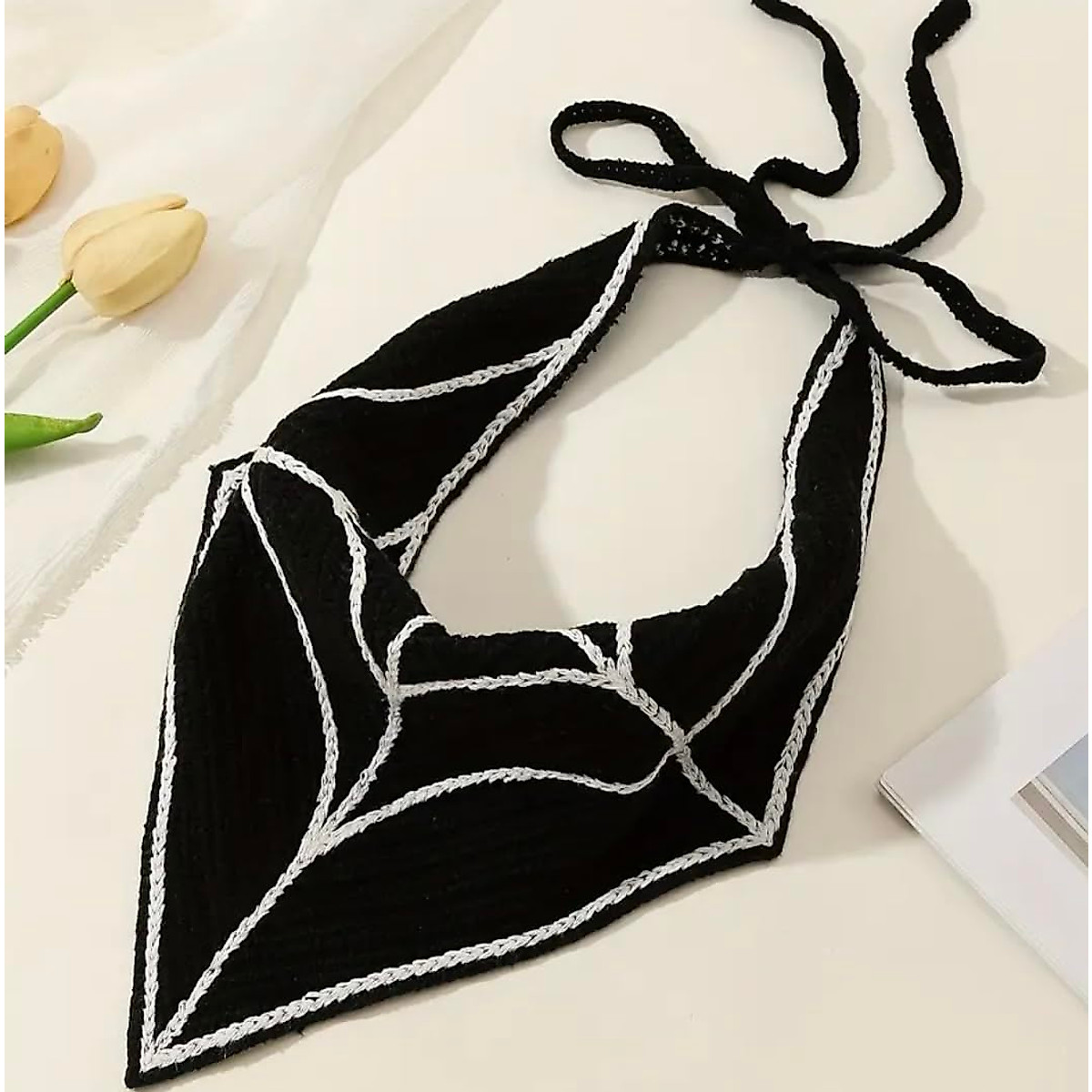 ClawsandPaws Gothic Spiderweb Crochet Bandana Scarf, Spiderweb Greyscale Halloween Style, Spider Web Witch Board Gothic Neck Bandanas, Triangle Headband, Unisex, Black