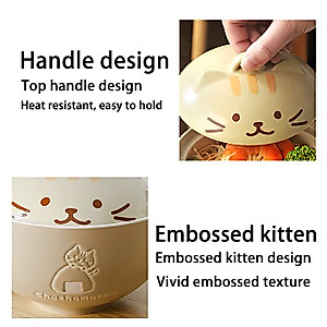 Japanese Style Ceramic Soup Bowls with Lids Ramen Bowl Cute Kitten Design for Mixing Salad, Noodle, Instant Noodles, Ramen Cooker, Kitchen Oven, Microwave Safe Bowl Cat Gifts for Cat Lovers (khaki)