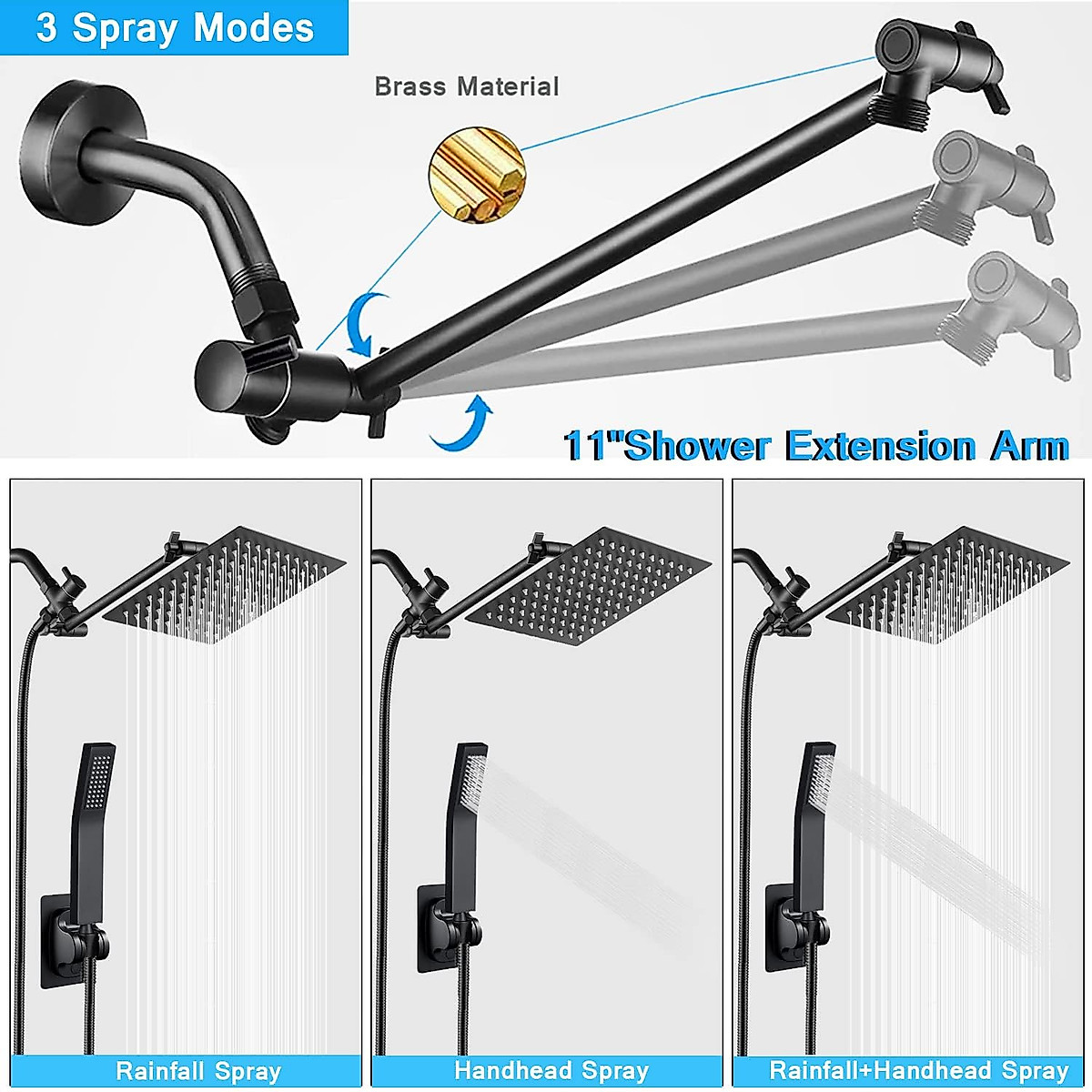 BELLEARLY All Metal 12'' Rain/Rainfall Shower Head with Handheld Spray Combo, High Pressure Square Shower Head with 13'' Extension Arm, Dual Black Shower Heads with 78'' Hose, Waterfall Showerhead