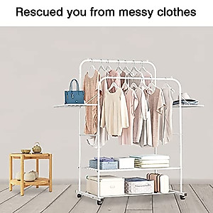 STONCEL Clothing Rack with Shelves, Portable Garment Rack on Wheel, Double Rails Rolling Clothes Rack for Hanging Clothes, 31.8 x 19.8 x 61.2 Inches (White)
