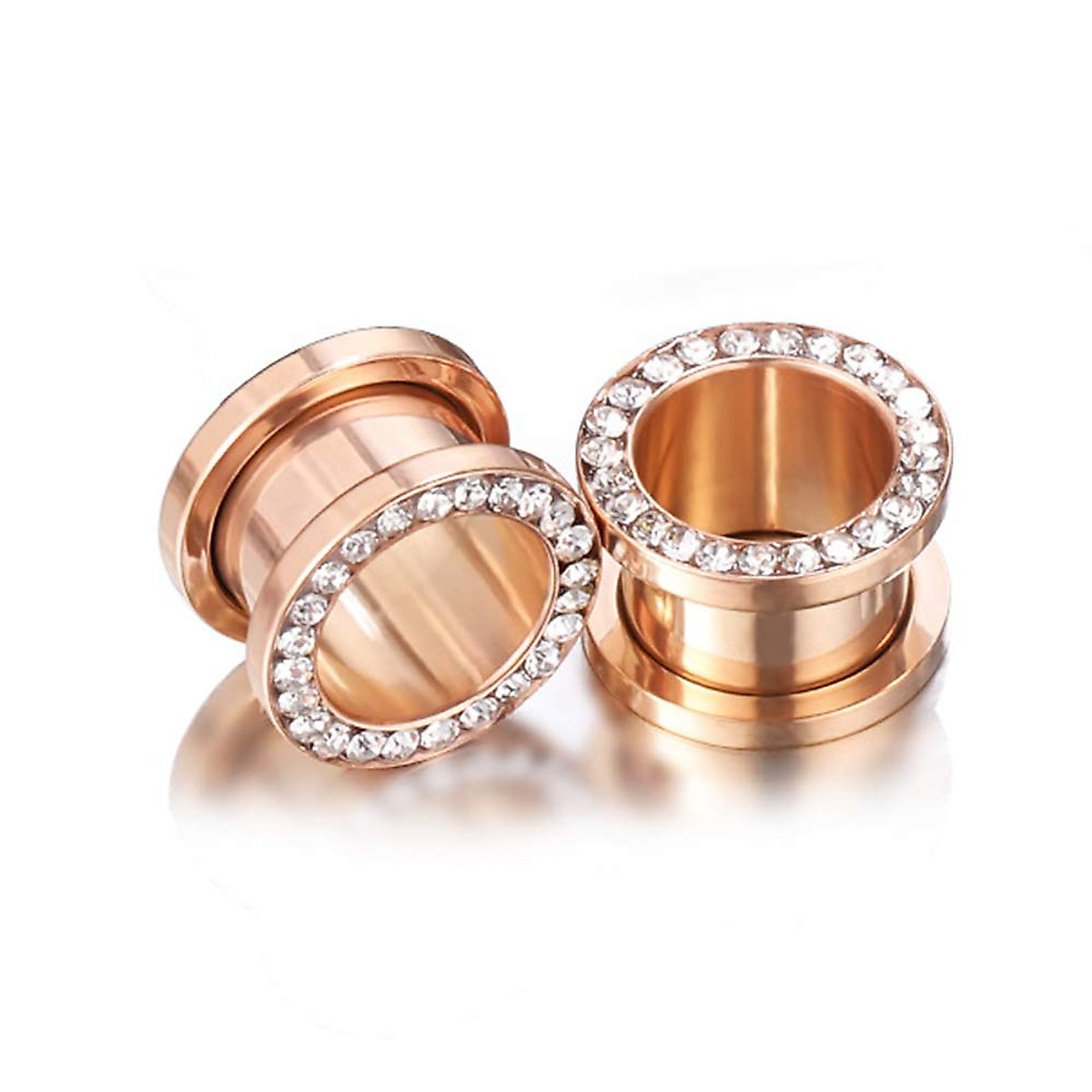 NewZenro Rose Gold Plated Crystal Rhinestones CZ Ear Tunnels Plugs Expander Gauges Stretcher Earrings Screw Stainless Steel Piercing Body Jewelry Personalized Gifts (2g(6mm))