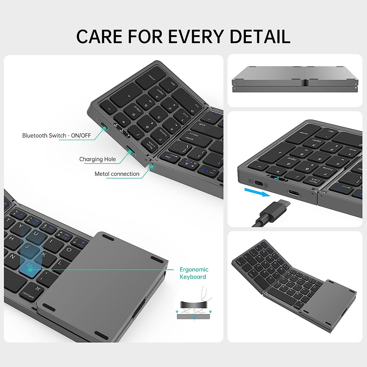 BRIMFORD Foldable Bluetooth Keyboard, Foldable Wireless Portable Keyboard with Numeric Keypad, USB-C Rechargeable Travel Keyboard for Laptop,Tablet,iPad,Smartphone(Silver)