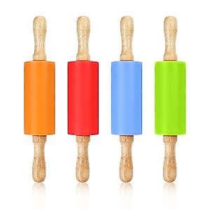 Faxco 4 Pack Mini Rolling Pin for Kids, 9 Inch Wooden Handle Rolling Pin Non-Stick Silicone Rolling Pins for Children Cake Baking