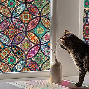 Stained Glass Window Film Privacy Decorative Tinting Film for Home Frosted Bathroom Window Coverings Static Cling Non-Adhesive