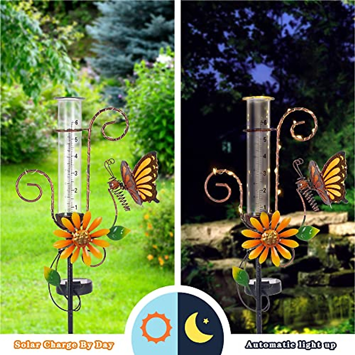 Stargarden Butterfly Rain Gauge Outdoor,Solar Garden Rain Gauge Decorative Waterproof for Yard Garden Patio Lawn