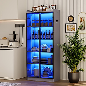 Storage Cabinet with Doors Adjustable Shelves - 65" Grey Tall Kitchen Pantry Organizer with Metal Handle/LED Lights/Human Sensor - 5 Tier Display Bookcase for Bedroom Living Room Office