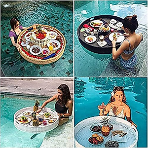 ENPAP Rattan Woven Serving Tray Floating Breakfast Table Serving Buffet Round Tray Drink Holders for Swimming Pool Beach Party Refreshment Durable Foam UV Resistant (Color : Brown, Size : 80cm)