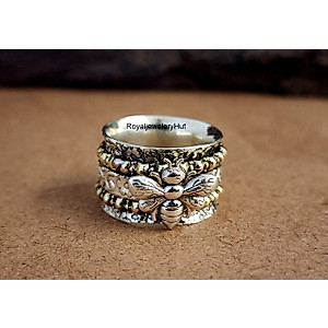 Silver Honey Bee Spinner Ring, 925 Solid Sterling Silver Ring, Three Band Fidget Ring, Anxiety Relief Ring, Boho Spin Ring, Women Ring, Men Ring (9.5)