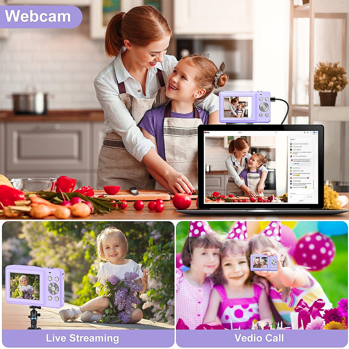 AUTPIRLF Digital Camera for Kids, 1080P Mini with Lanyard 44MP Point and Shoot Camera, Anti-Shake Vlogging 16X Zoom, Small Boys Girls Teens Students(Purple) (DC403)