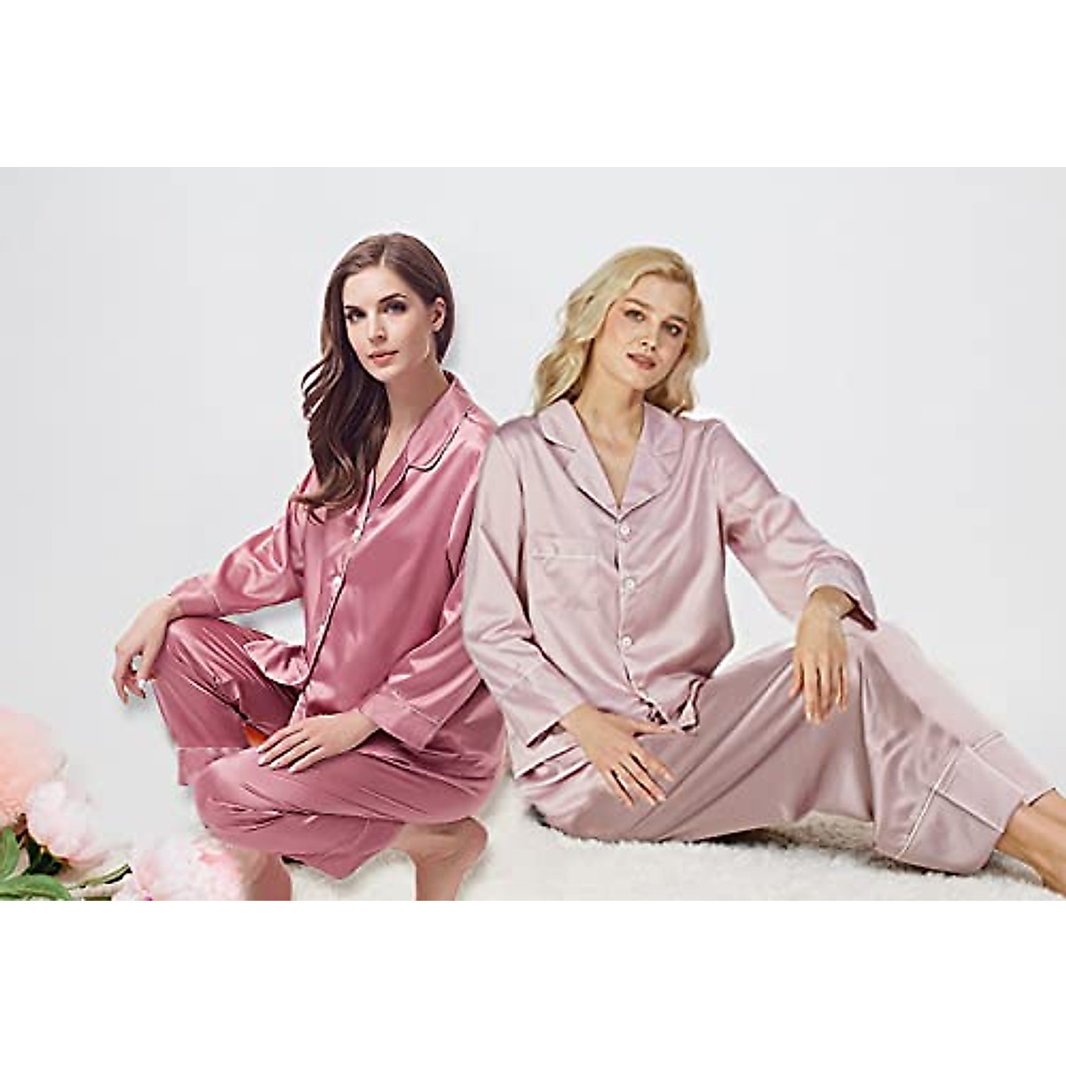 WJing Yi Jia Womens Pajama Set Silk Satin Pajamas Long 2pc Pjs Button Down Sleepwear Pj Set Loungewear
