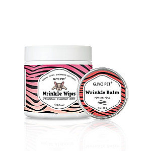 GJYC PET Wrinkle Wipes + Wrinkle Balm for Dogs | Bulldog, French Bulldog, Pug, English Bulldog | Cleans & Soothes Wrinkles, Folds, Tear Stain, Tail Pockets & Paws