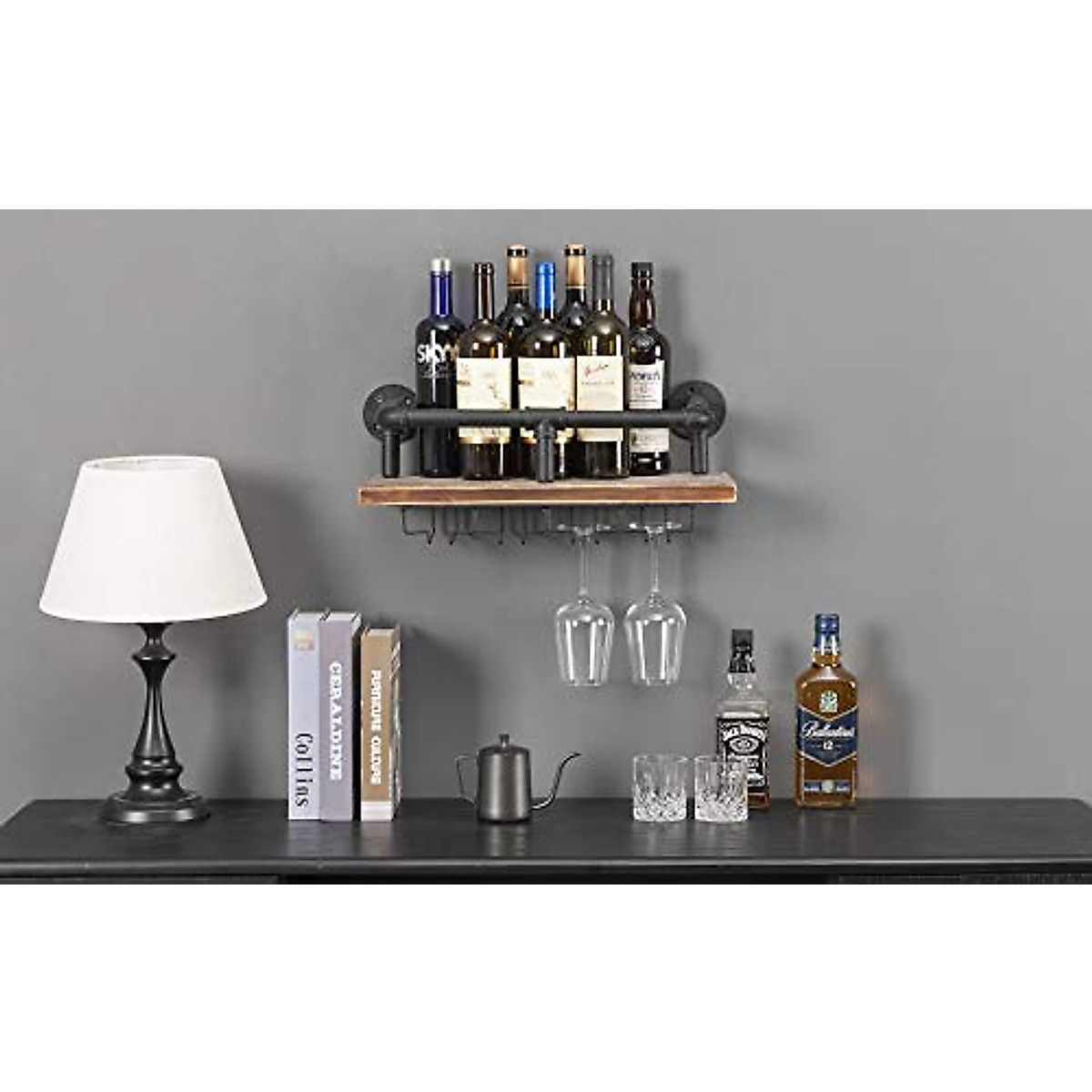 Industrial Wall Mounted Wine Rack, Wine Bottle Stemware Glass Rack, Floating Shelf Pipe Hanging Shelving with Glass Holders for Wine Glasses, Flutes, Mugs, Kitchen, Bar, (Retro Brown And Black)