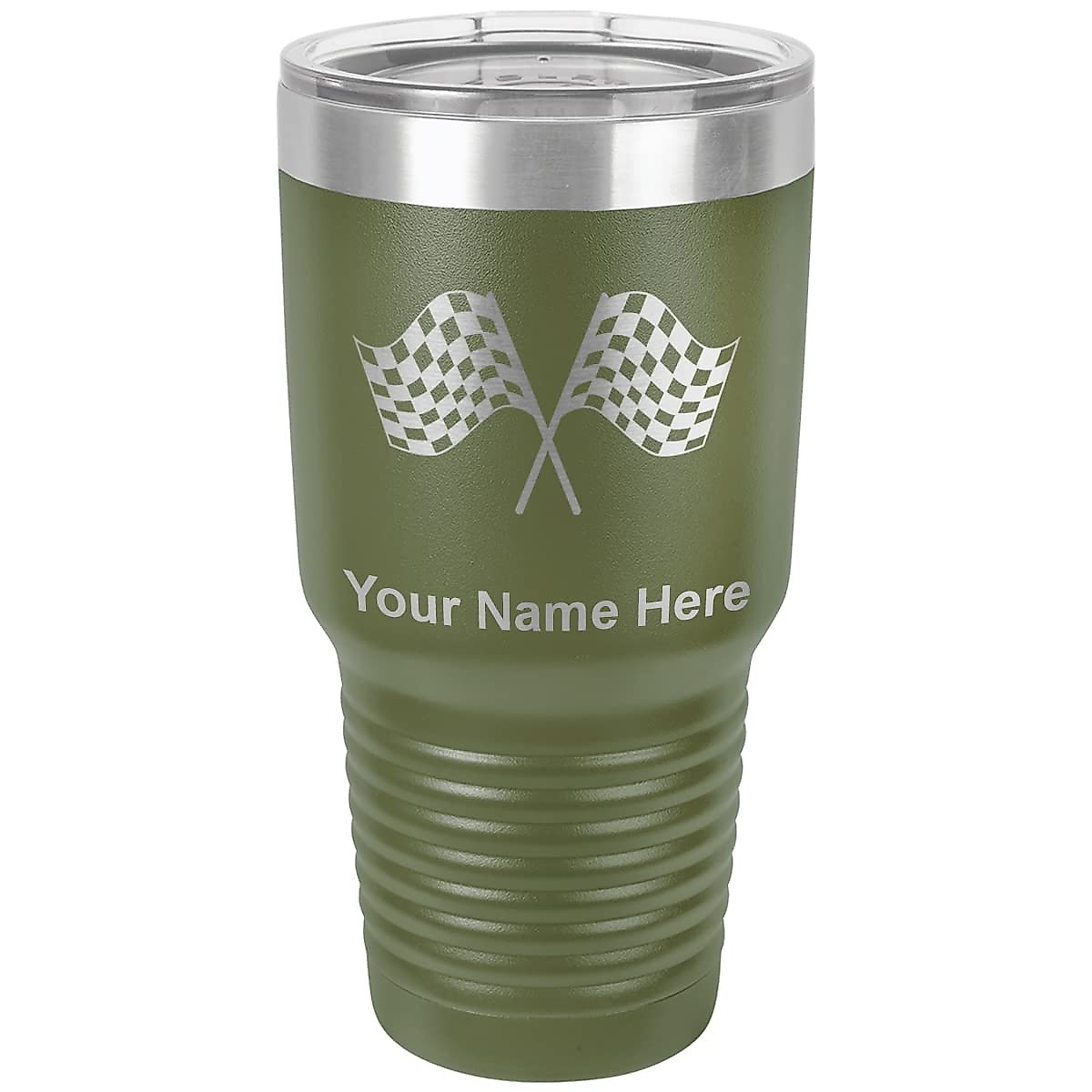 LaserGram 30oz Vacuum Insulated Tumbler Mug, Racing Flags, Personalized Engraving Included (Camo Green)